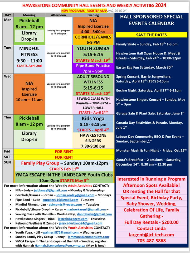 Events from May 20 – August 11, 2025 – Hawkestone Community Hall