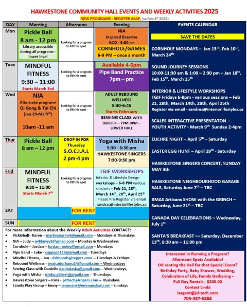 Weekly Events - Hawkestone Community Hall